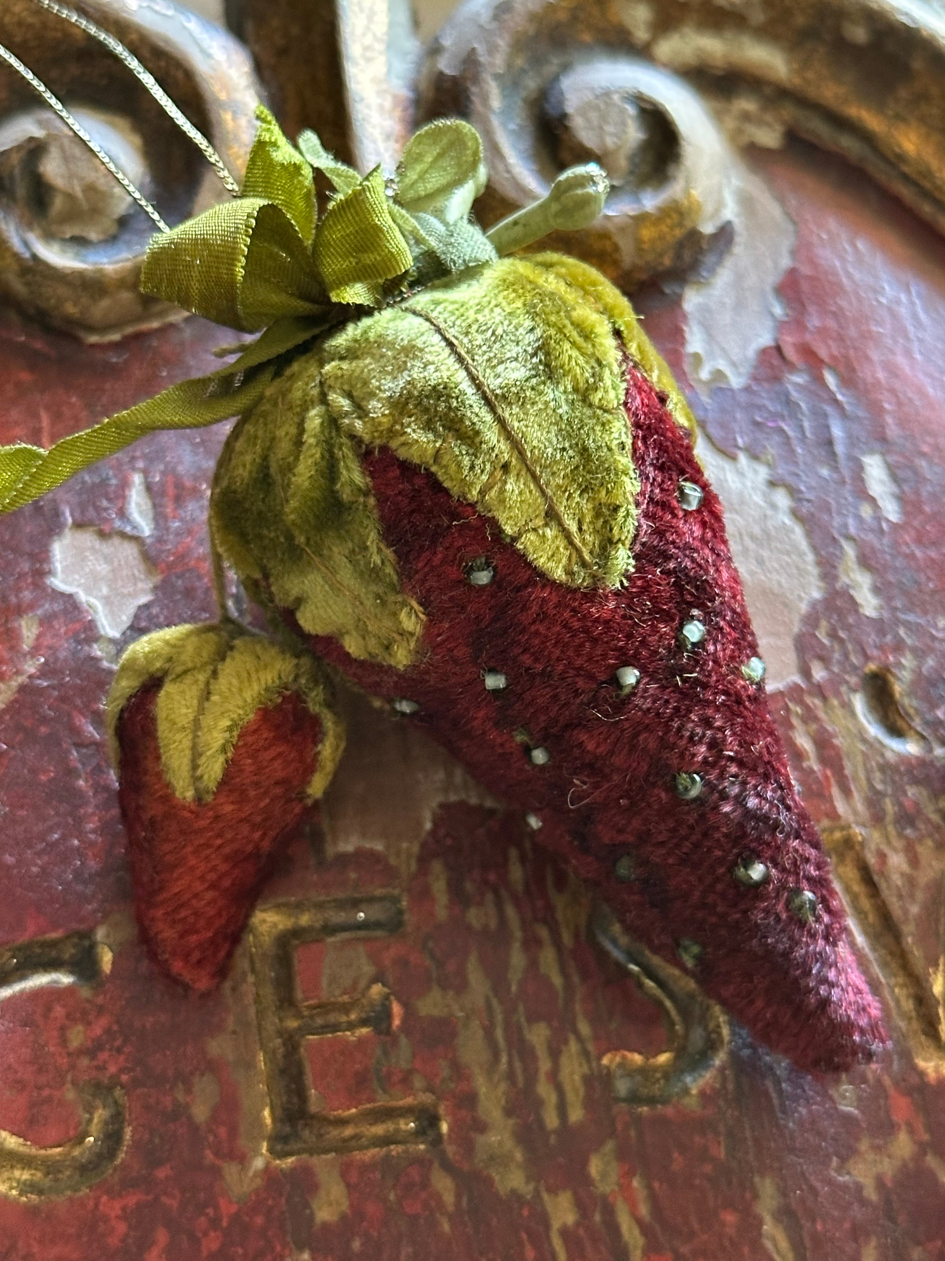 CUSTOM ORDER Large Red Vintage Velvet Strawberry Pincushion with Tiny ...